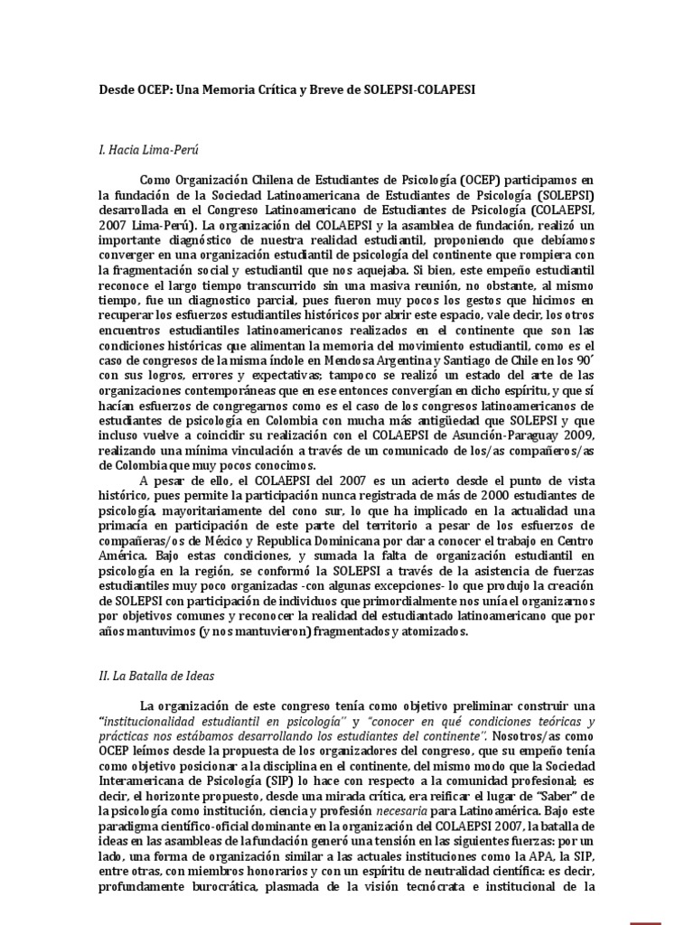 Desde Ocep Una Memoria Breve de Solepsi-Colapesi | PDF | America latina | Sicología