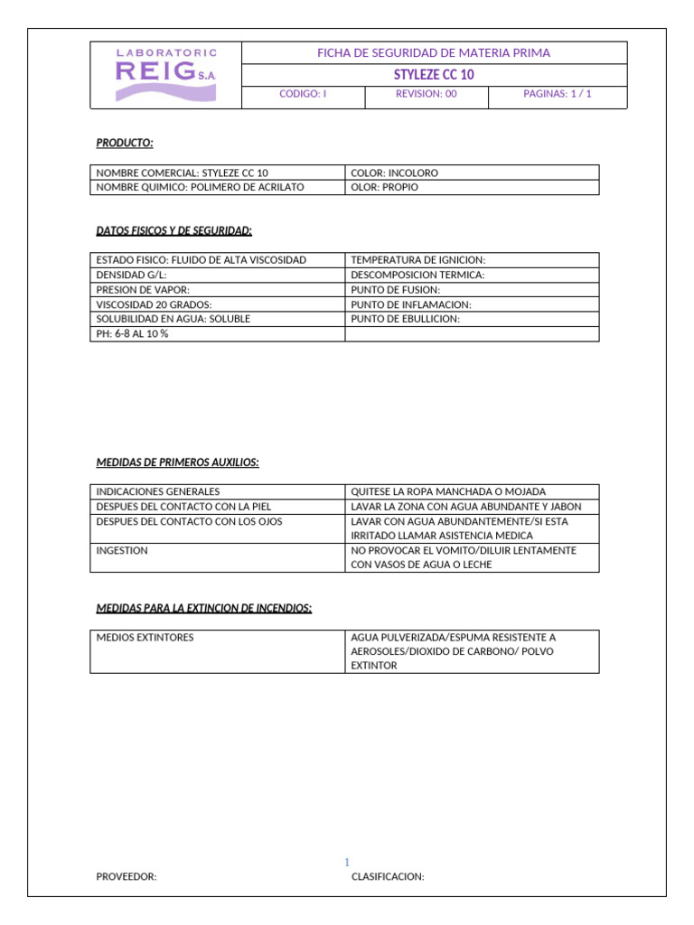 Ficha de Seguridad Styleze CC 10 | PDF | Agua
