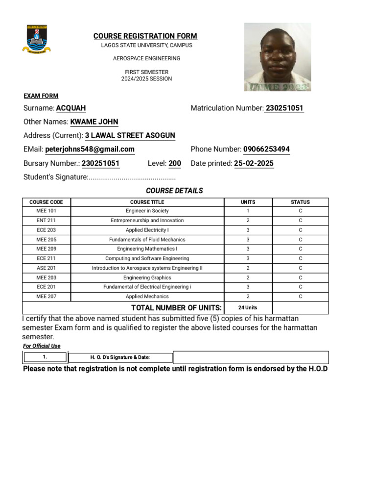 200 Level Course Registration Form | PDF