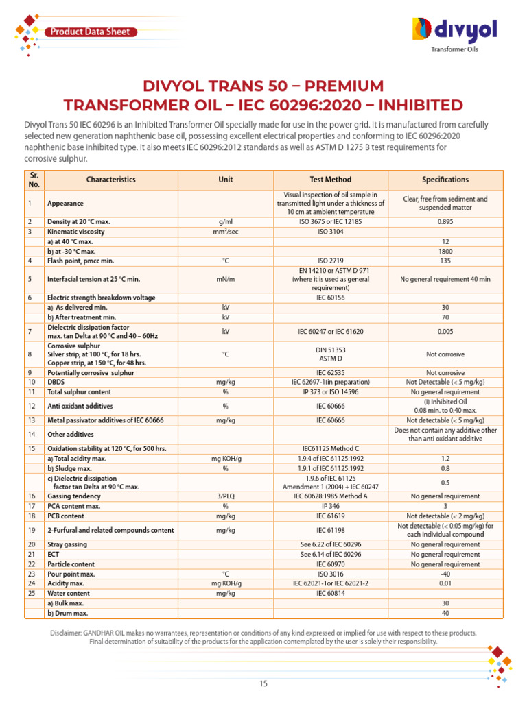 Divyol Trans 50 - Premium Transformer Oil - IEC 60296 2020 - Inhibited ...