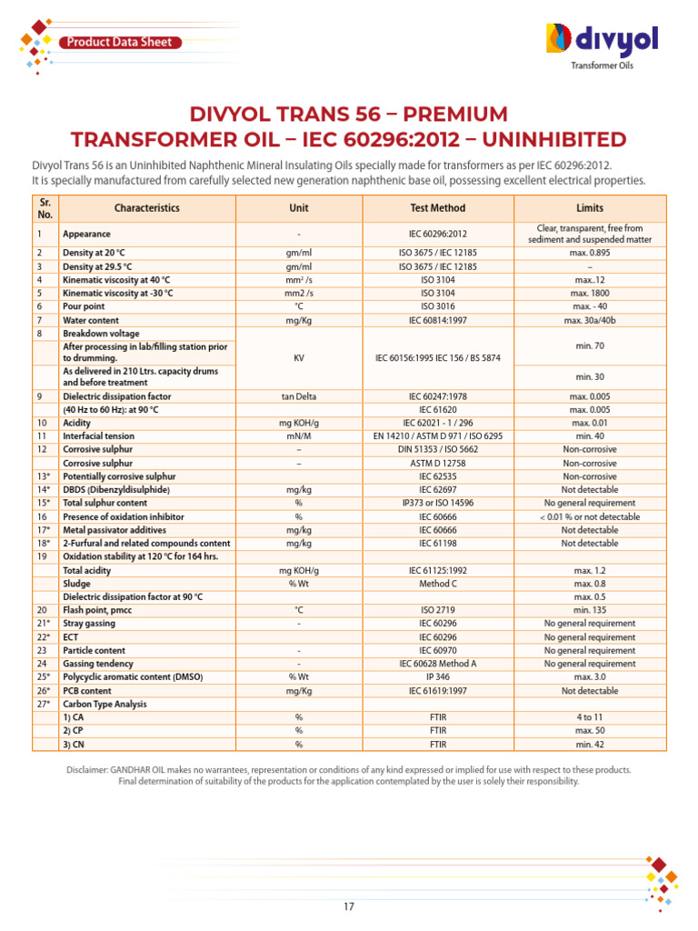 Divyol Trans 56 - Premium Transformer Oil - IEC 60296 2012 - Uninhibited | PDF | Transformer ...