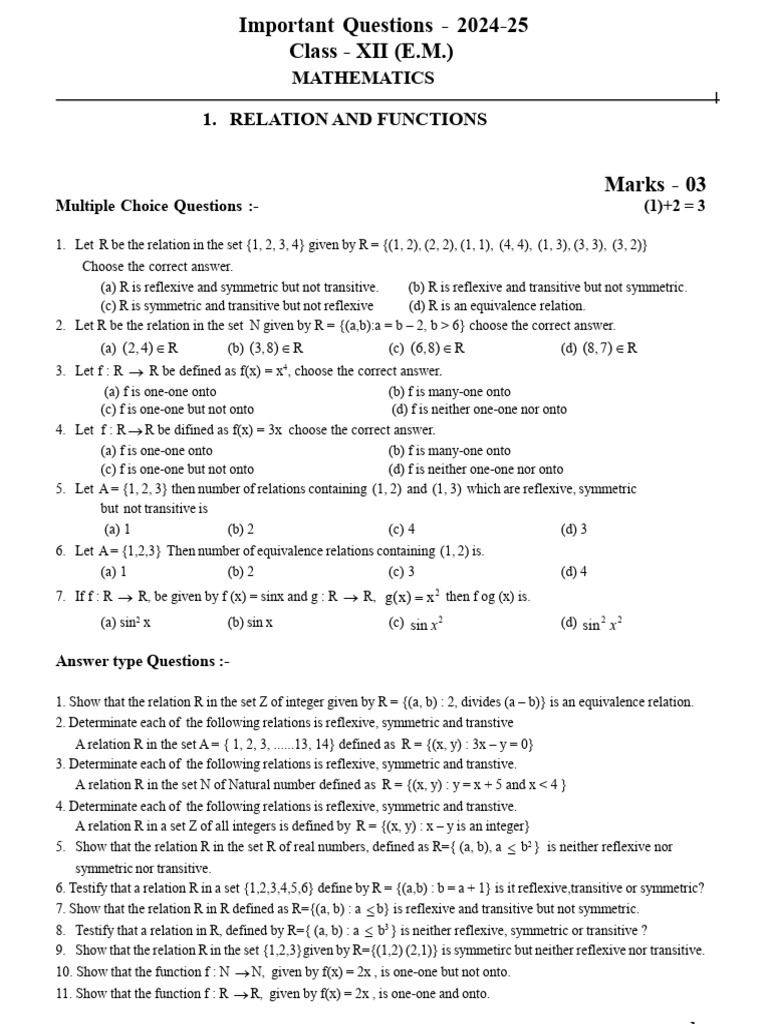 Mathematics 1. Relation and Functions: Multiple Choice Questions: - (1 ...