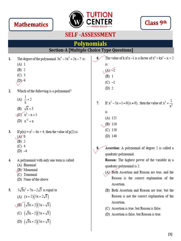 Polynomials_TC-Assessment_Question | PDF | Polynomial | Factorization