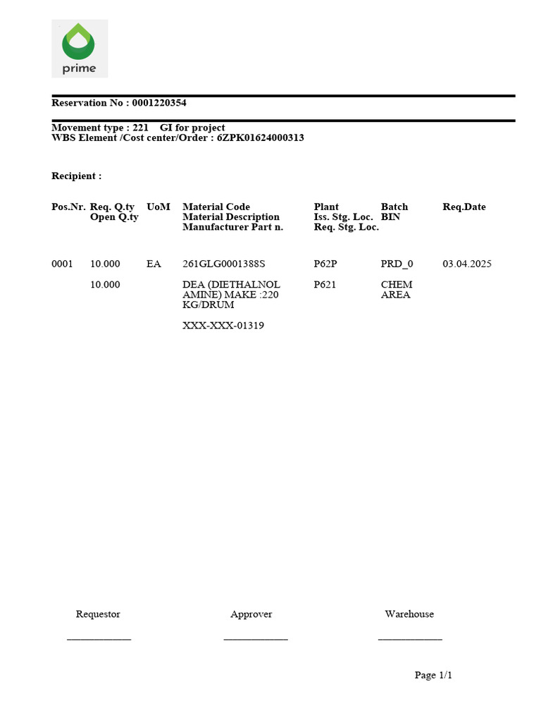 DEA Material Reservation Details | PDF