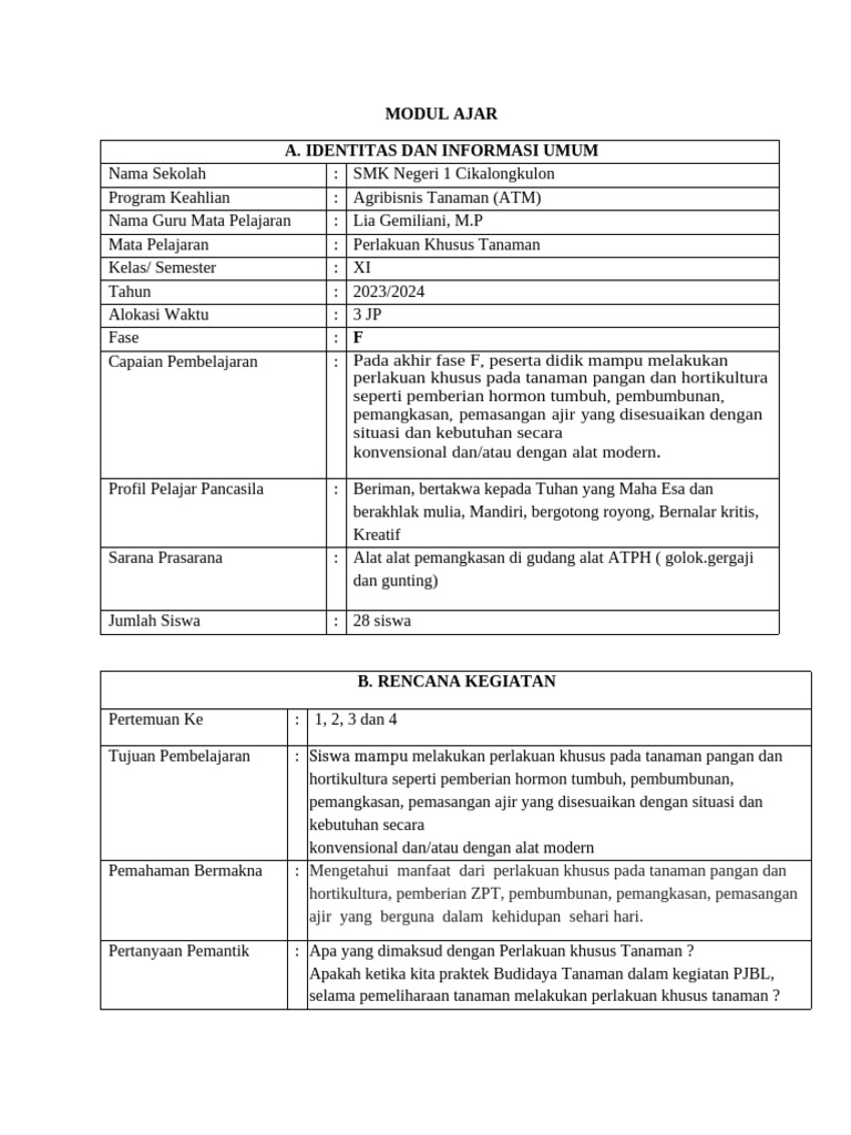 Modul Ajar Perlakuan Khusus Tanaman Kelas Xi | PDF