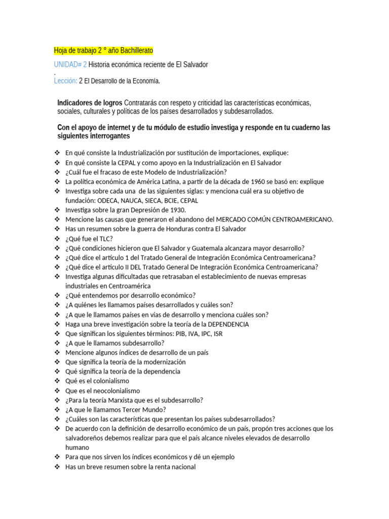 Hoja de Trabajo 2° L3 M2 | PDF | Centroamérica | El Salvador