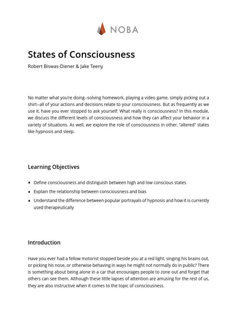 Text X - States of Consciousness - NOBA | PDF | Hypnosis | Sleep