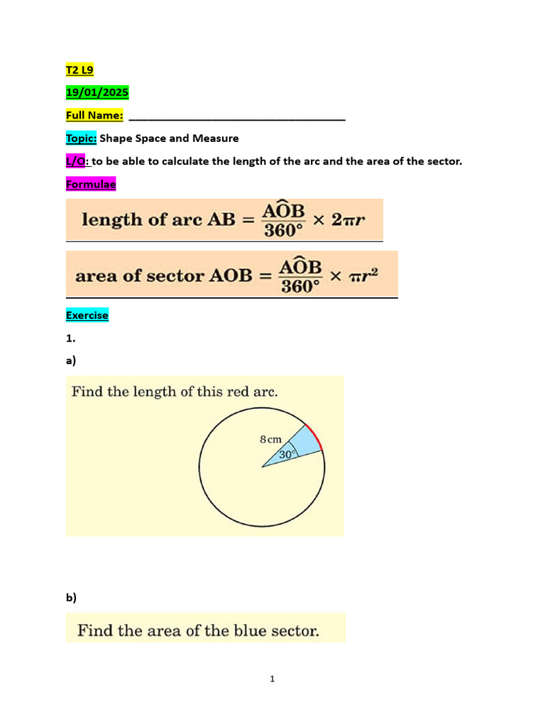 Arc Length and Sector Area Exercises | PDF