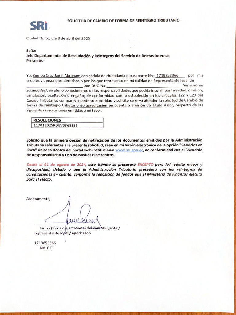 Solicitud de Cambio de Forma de Reintegro Tributario | PDF