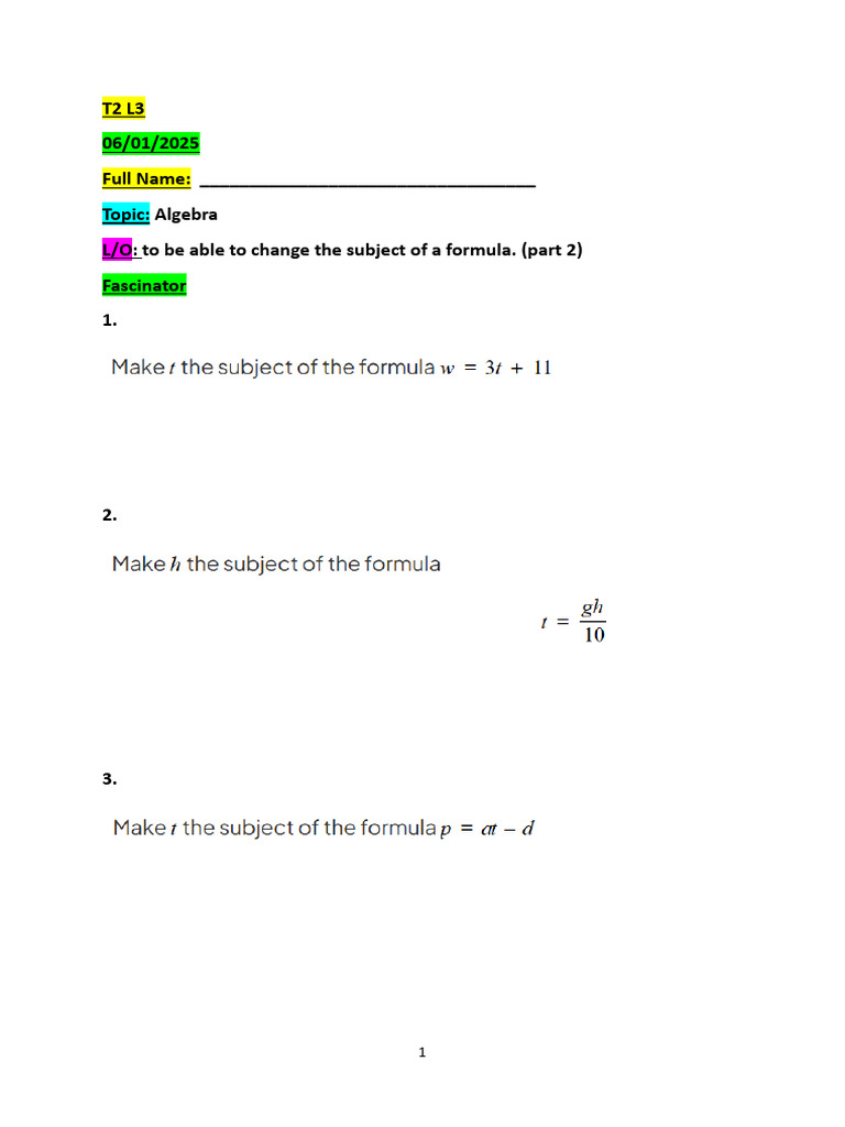Y9 T2 L3 Rearrange Formula P2 | PDF
