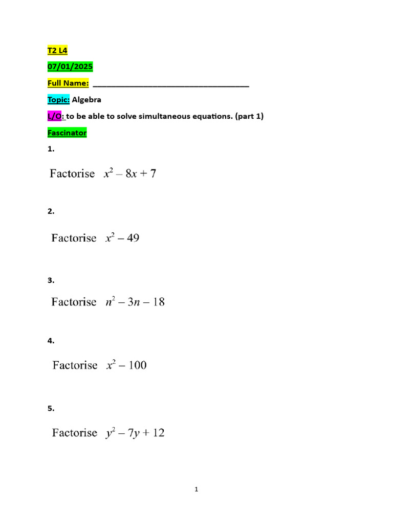 Y9 T2 L4 Simultaneous Equations P1 | PDF