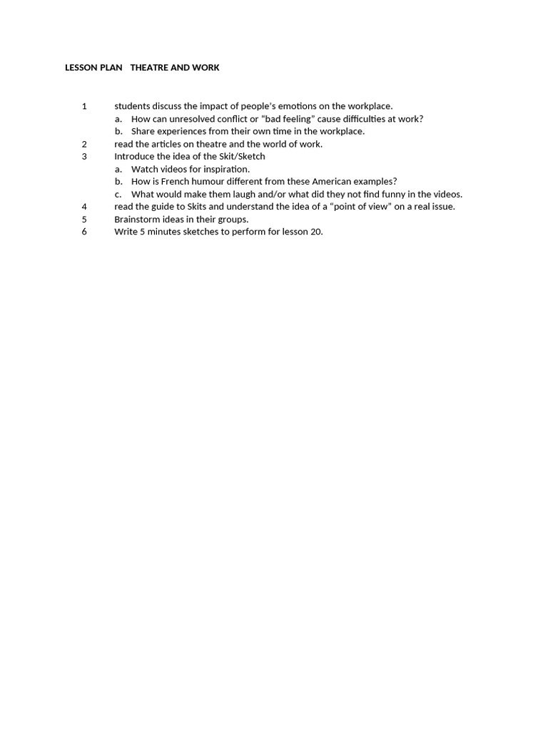 Lesson Plan Theatre and Work | PDF