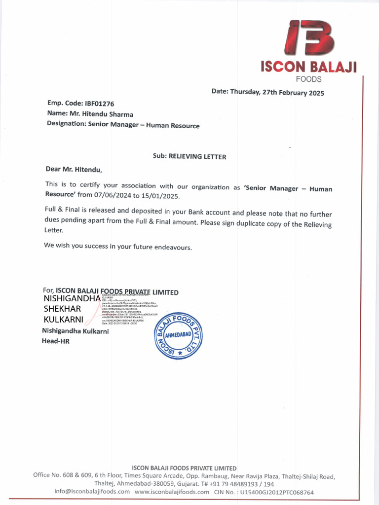 Hitendu Sharma Releving Letter - Sign | PDF