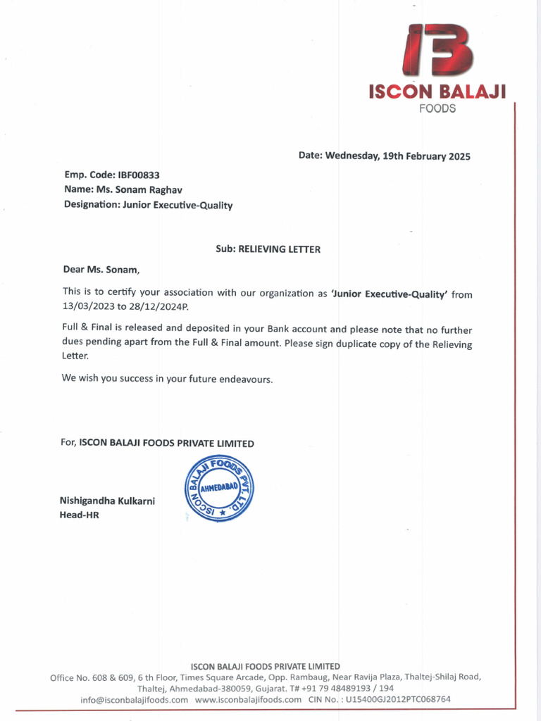 Sonam Raghav Releving Letter | PDF