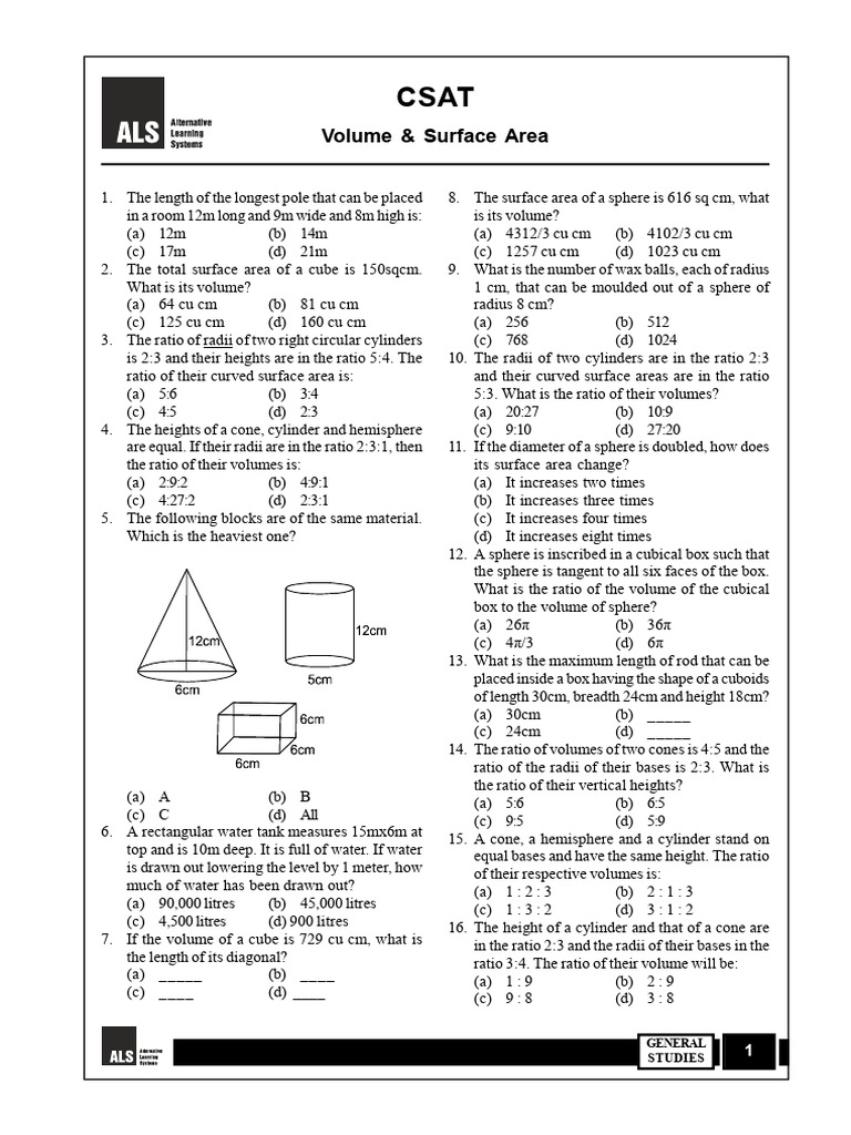 Volume and Surface Area Problems | PDF | Sphere | Area