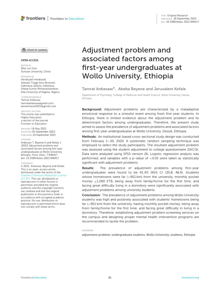 Adjustment Problem and Associated Factors Among Fi | PDF | Mental ...