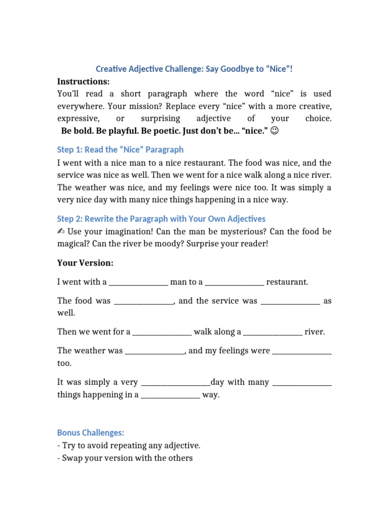 Creative Adjective Challenge | PDF