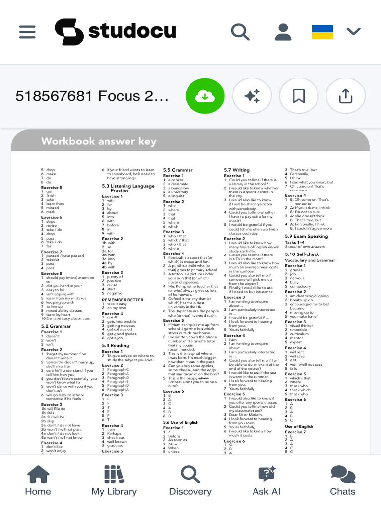 Focus 2 2E Workbook Answers - 1 Vocabulary Exercise 1 1 Unsociable 2 Boring 3 Relaxed 4 ...