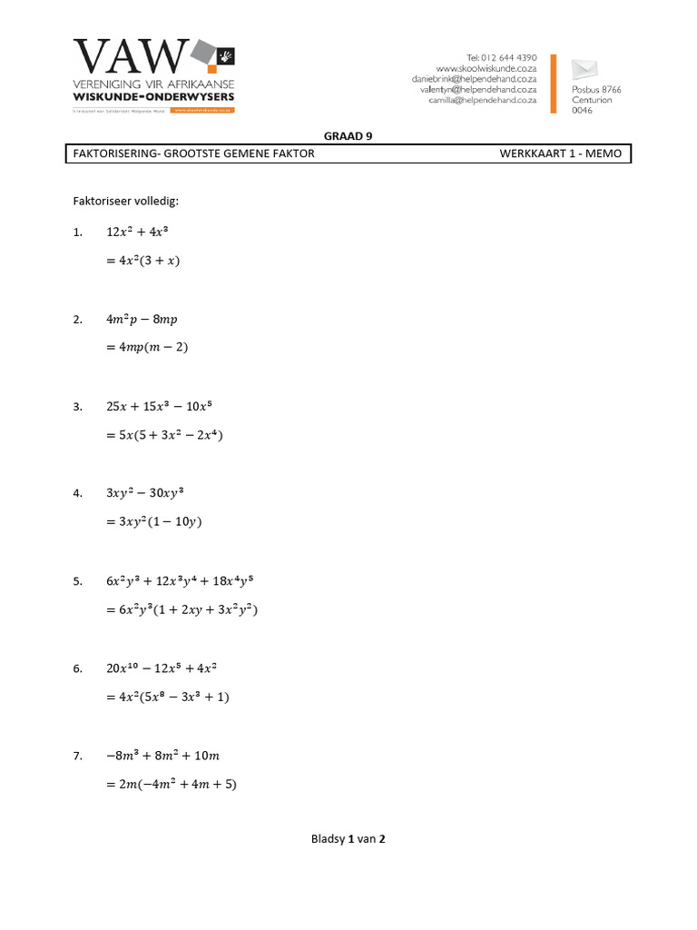 Gr. 9 Wisk Faktorisering SDP Werkkaart 1 - GGF MEMO | PDF