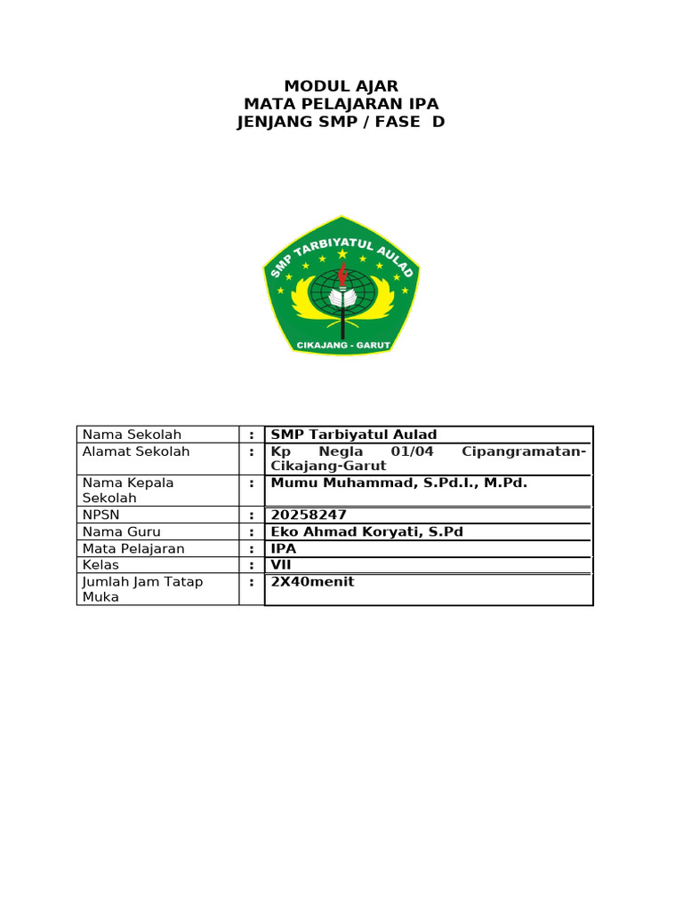 Modul Ajar IPA Kelas VII SMP 2023 | PDF