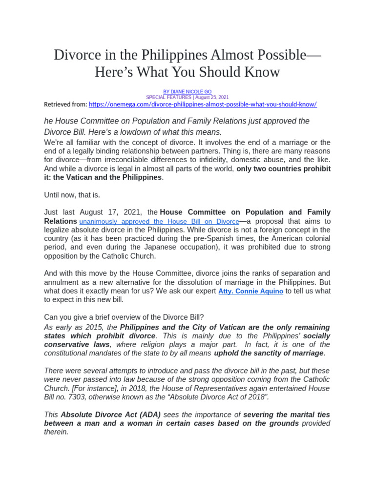 Article - Divorce in The Philippines Almost Possible | PDF | Annulment ...