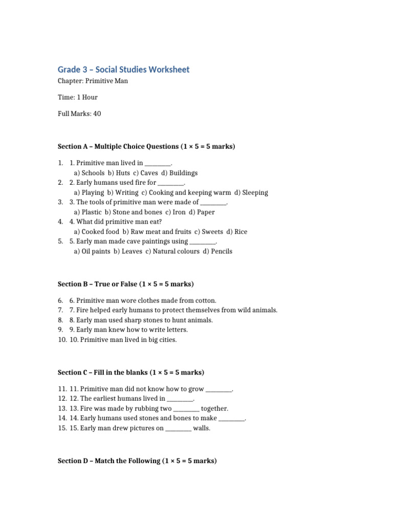 Primitive Man Grade 3 Worksheet | PDF