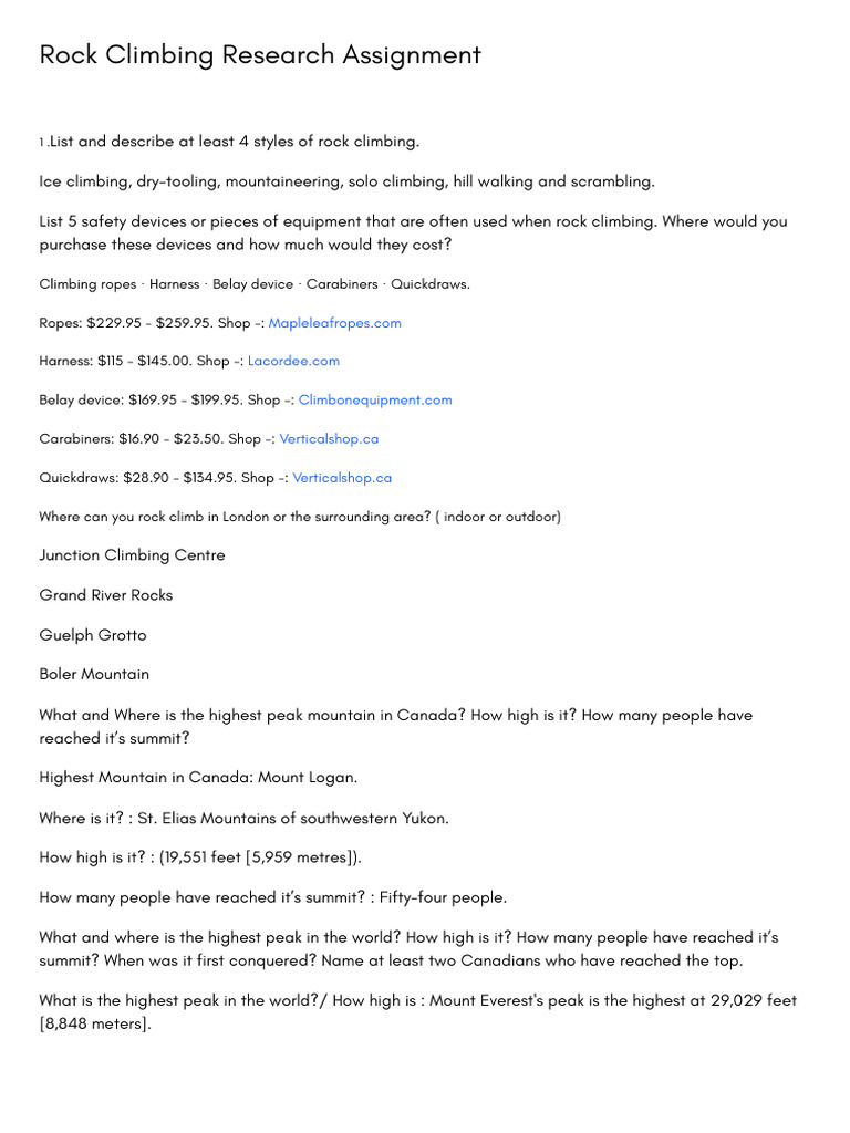 Rock Climbing Research Assignment | PDF