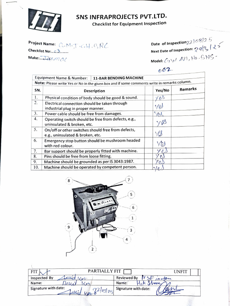 Bar Bending Machine Checklist 22.03.2025 | PDF | Electrical Connector ...
