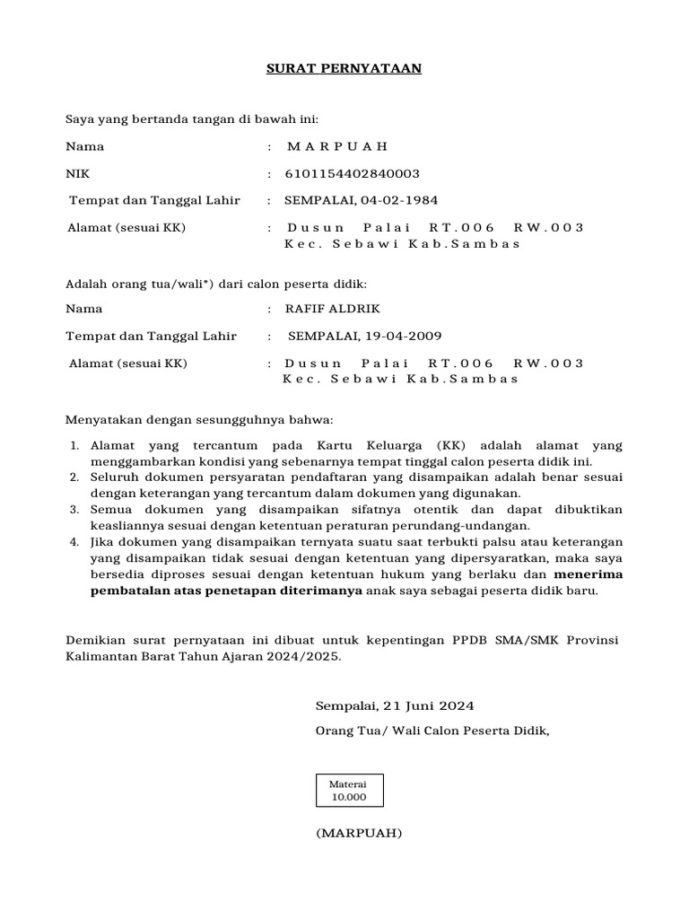 Surat Pernyataan PPDB 2024 | PDF