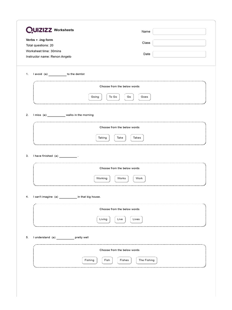 Verb + Ing Form Worksheet for Class 2 | PDF