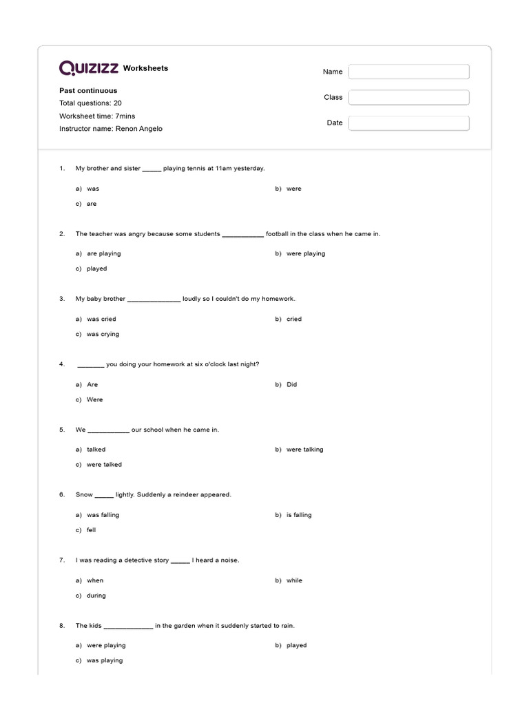 Past Continuous Tense Worksheet Answers | PDF