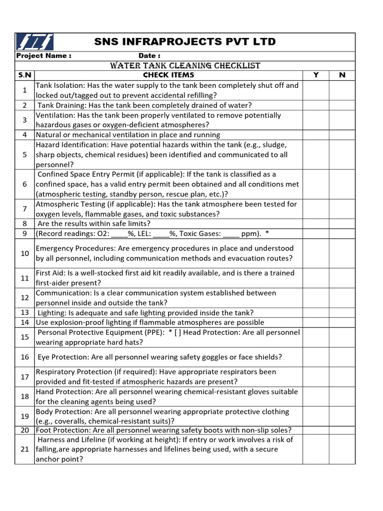 Water Tank Cleaning Safety Checklist | PDF | Safety | Occupational ...