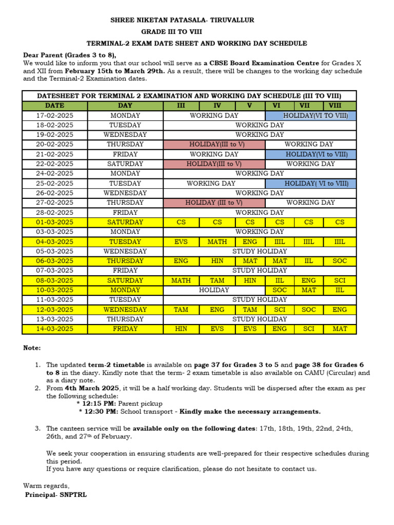 Gr3to 8 - Datesheetfor Term-2 and Working Days - Parent Circular. | PDF