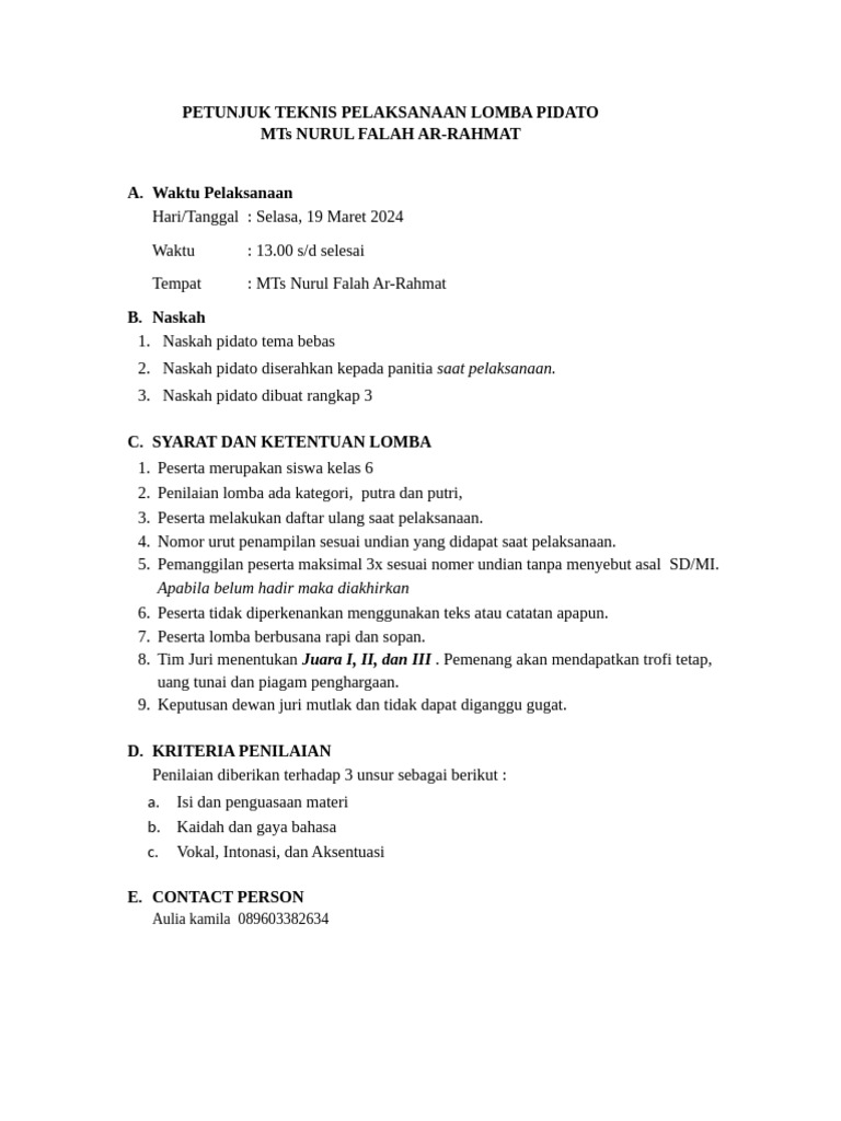 PETUNJUK TEKNIS PELAKSANAAN LOMBA PIDATO | PDF