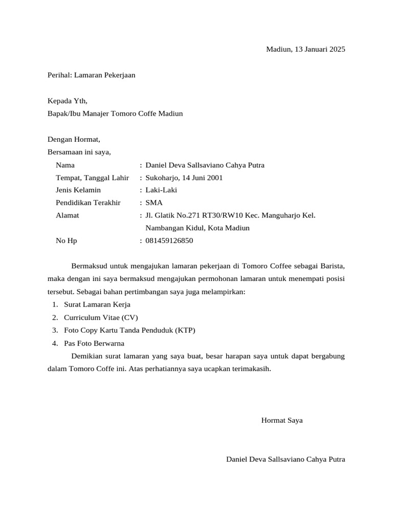 Surat Lamaran Kerja Deva | PDF