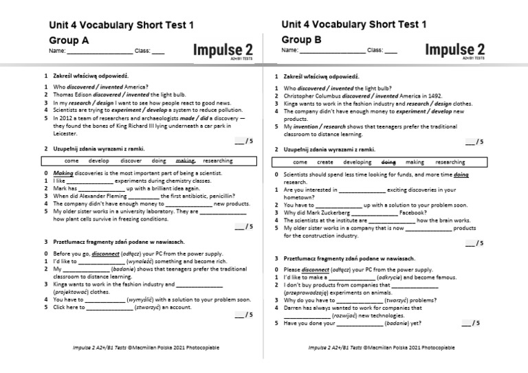 Impulse 2 A2/B1 Vocabulary Tests | PDF