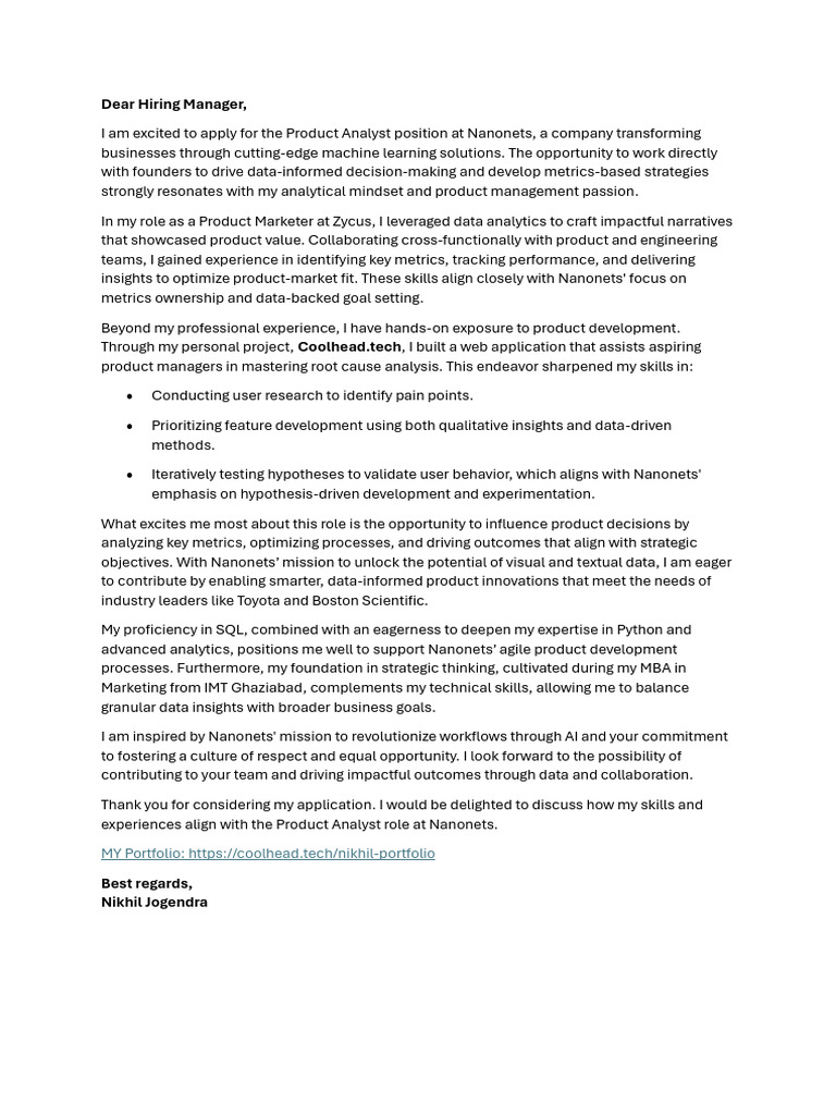 Product Management Cover - Letter | PDF | Analytics | Business