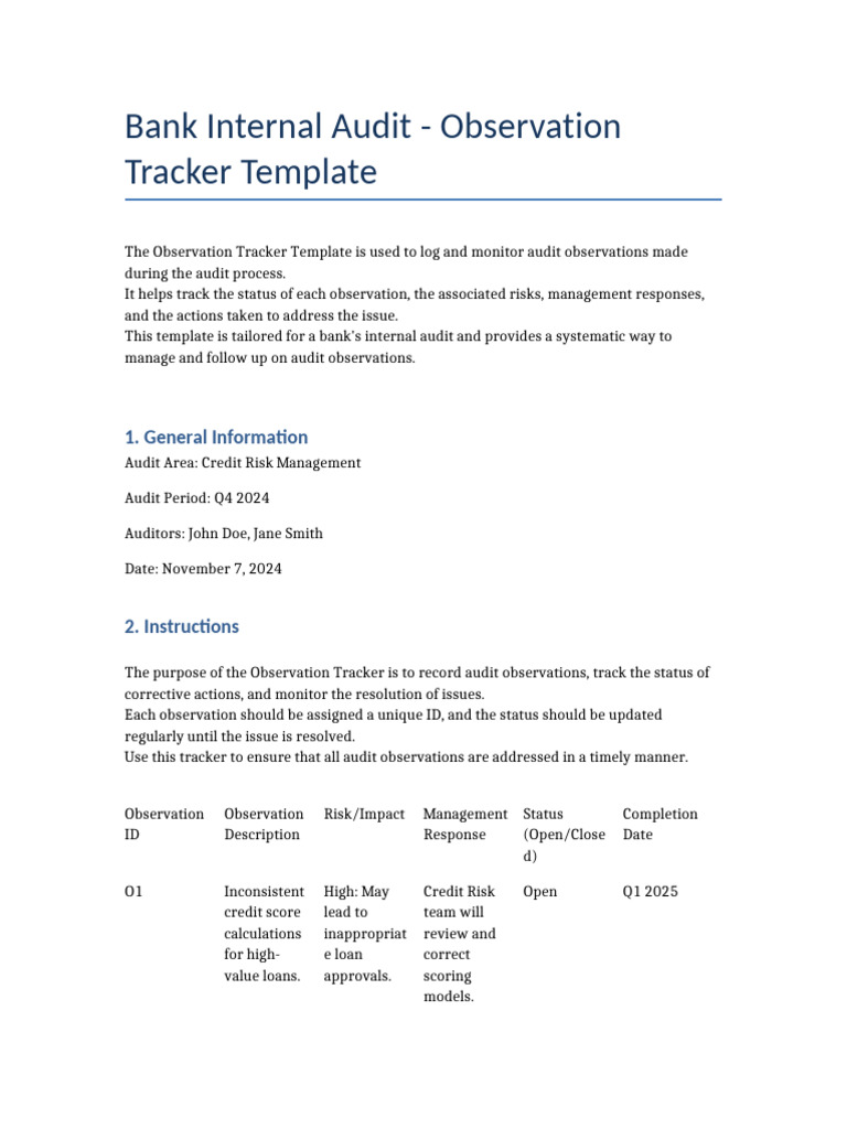 Bank_Observation_Tracker_Template_Detailed | PDF