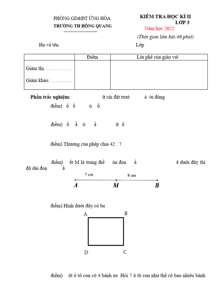 Toán 3 Hk2 Đề Và Đáp Án Th Hồng Quang Năm 2022 2023 | PDF
