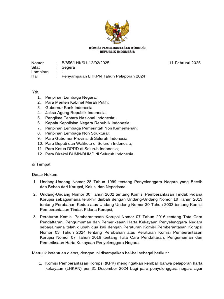 Surat Penyampaian LHKPN Tahun Pelaporan 2024 | PDF