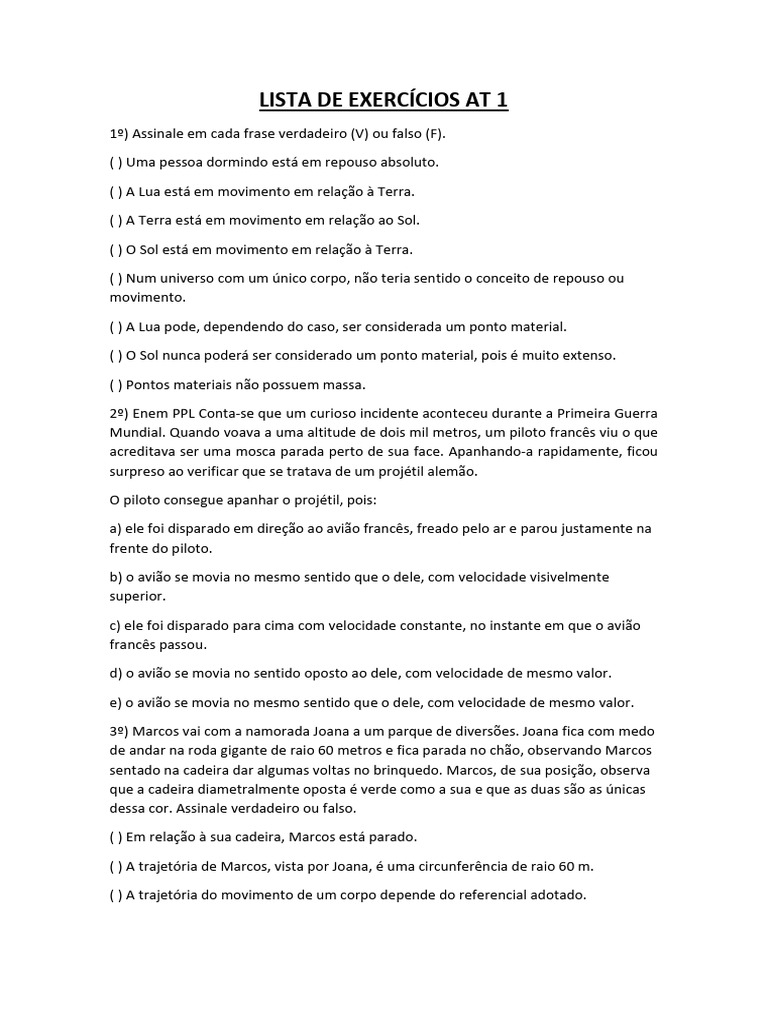 Exercícios de Movimento e Velocidade | PDF | Velocidade | Tempo