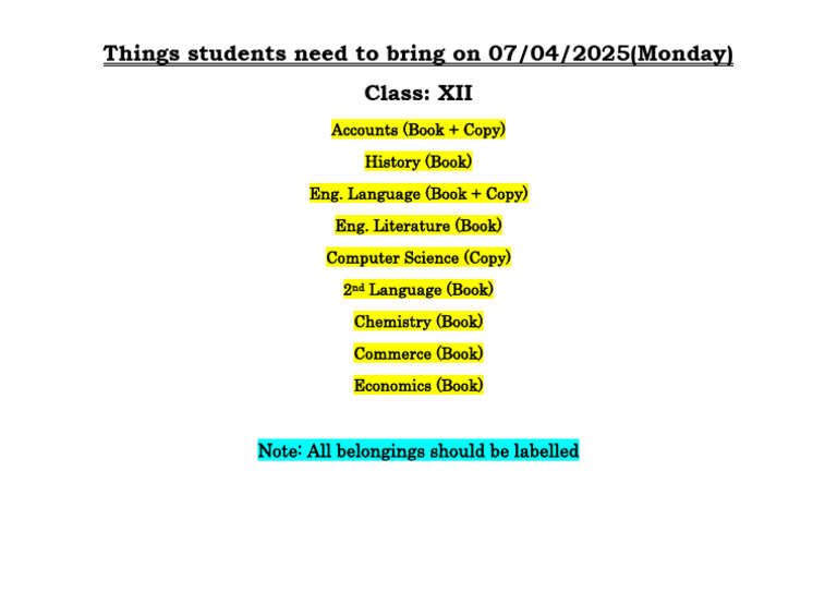 Essential Supplies for Class XII on 07/04/2025 | PDF