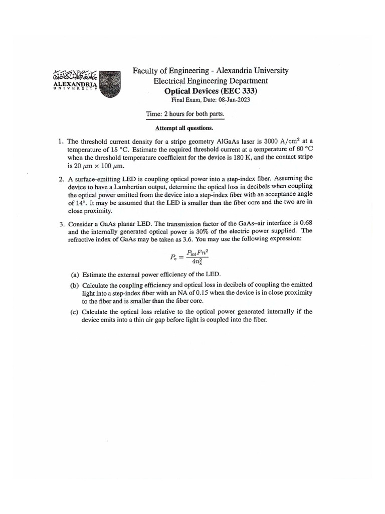 Optical Comm Devices Final Exam Spring 2024 Part I PDF | PDF