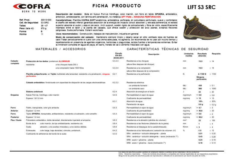 Bota Cofra Lift S3 SRC: Ficha Técnica | PDF | Materiales
