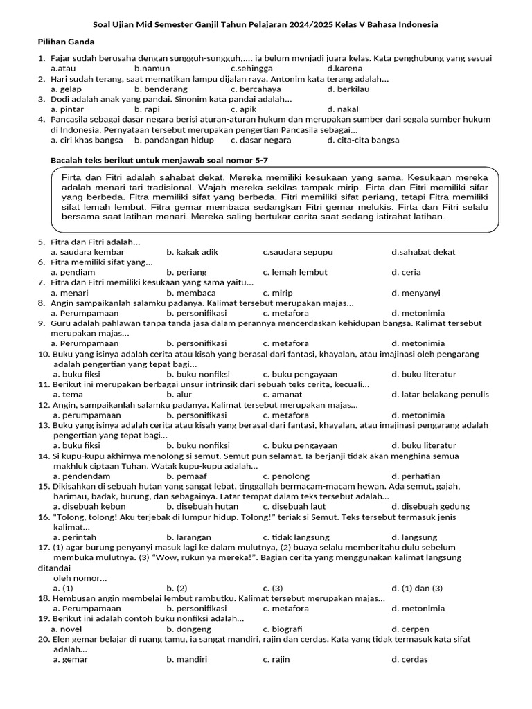 Soal Semester 1 Kelas 5 B.INDO | PDF