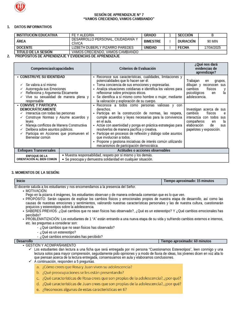 Sesión de Aprendizaje - DPCC 1B (17-04) | PDF | Aprendizaje | Estereotipos