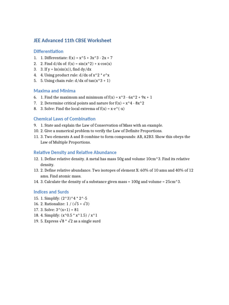 JEE Advanced 11th CBSE Worksheet | PDF