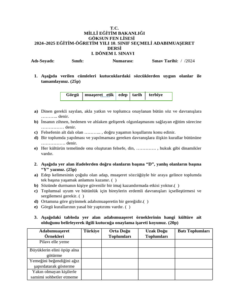 Adabimuaşeret 1.sinav | PDF