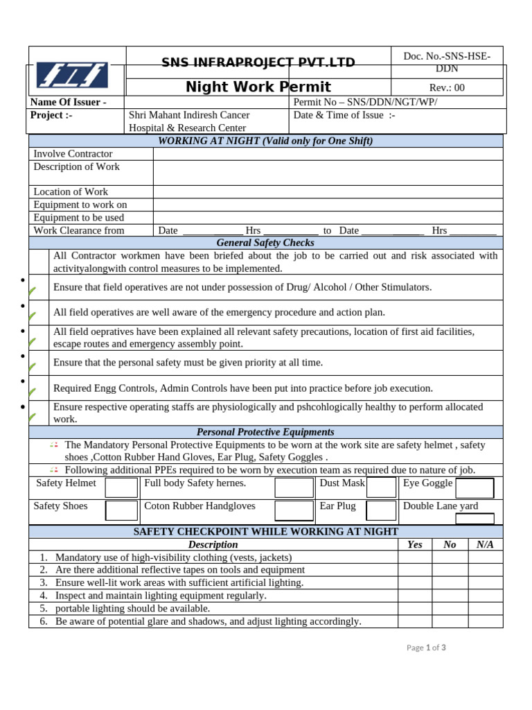L017-OHSE Night Work Permit Format | PDF | Lighting | Shift Work