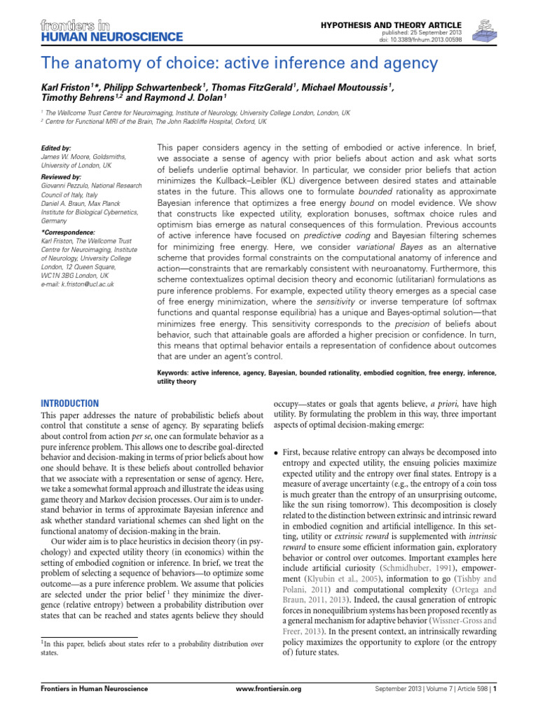 The Anatomy of Choice Active Inference and Agency - K. Friston 2013 | PDF | Statistical ...